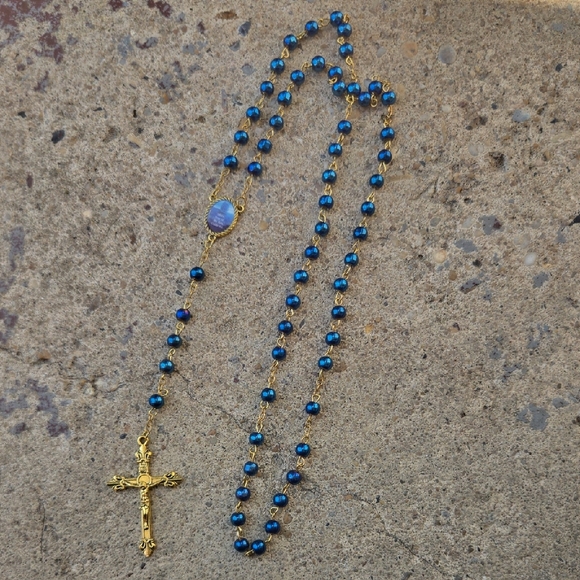 INRI | Jewelry | Vintage Inri Blue Beaded And Gold Tone Rosary Necklace ...